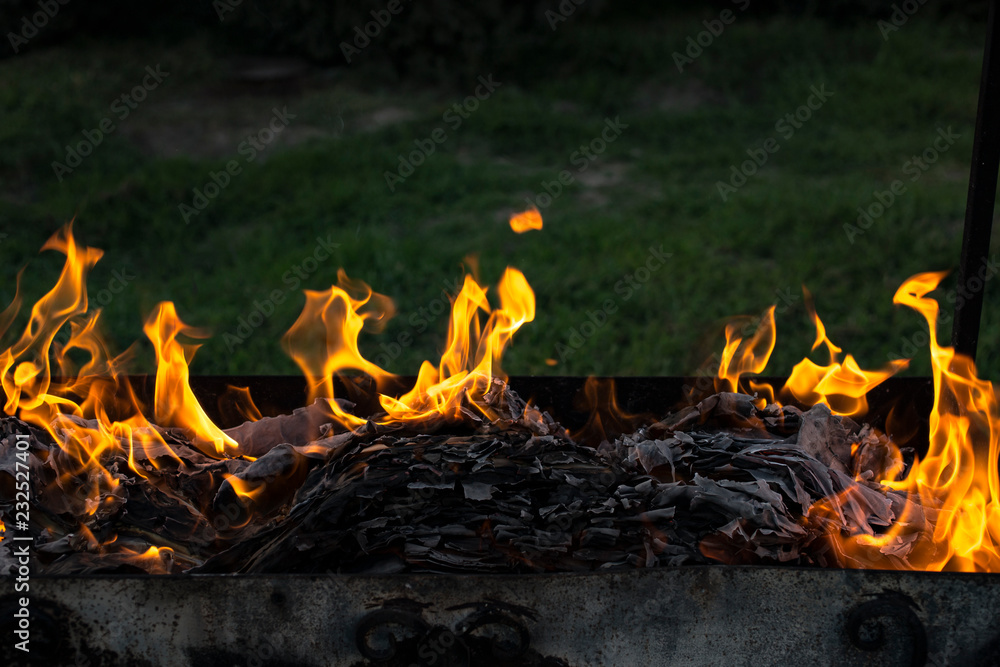 Flaming fire. Documents burning. Dance of fire spirits. Ignition of ...