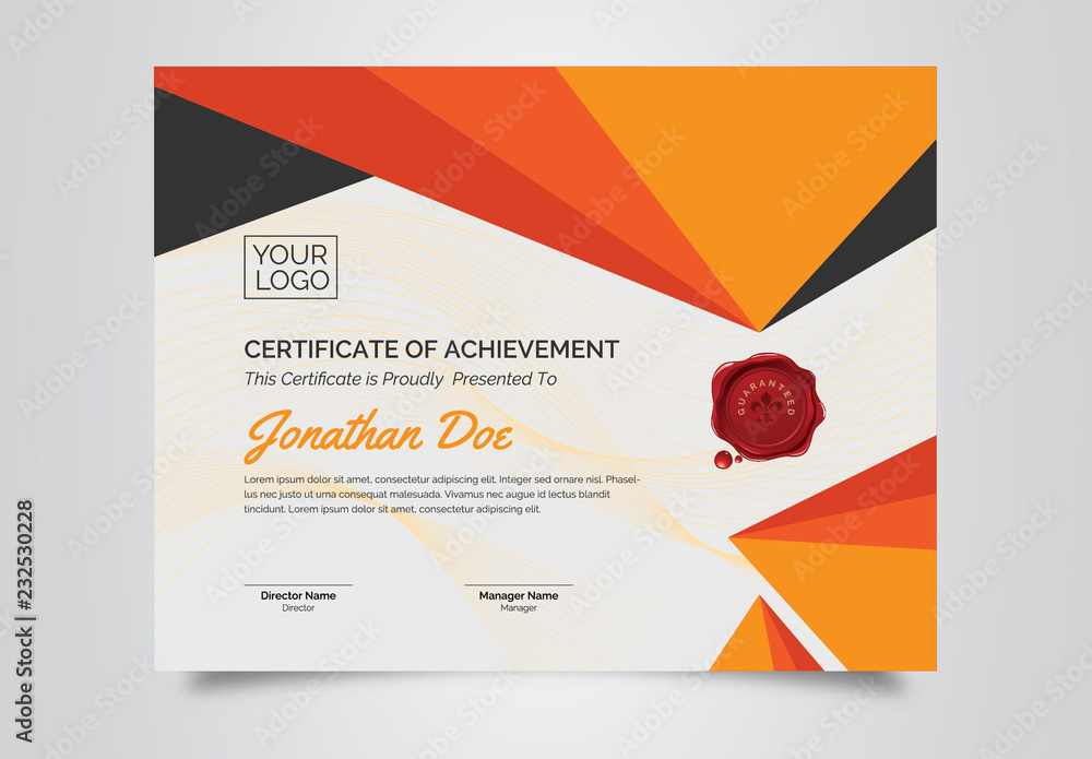 Certificate of Achievement Layout with Orange Elements Stock Template ...