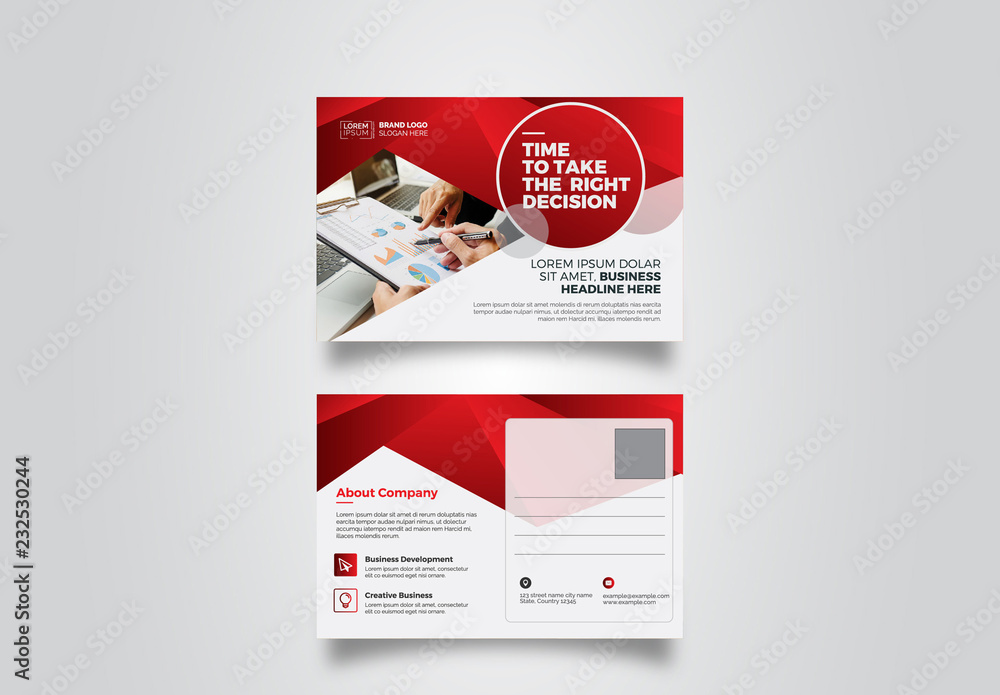 Postcard Layout with Red Gradient Elements Stock Template | Adobe Stock