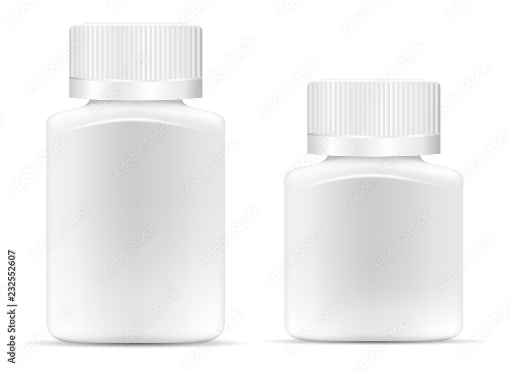 Pharmaceutical wide square drug bottle for pills, capsules. White ...