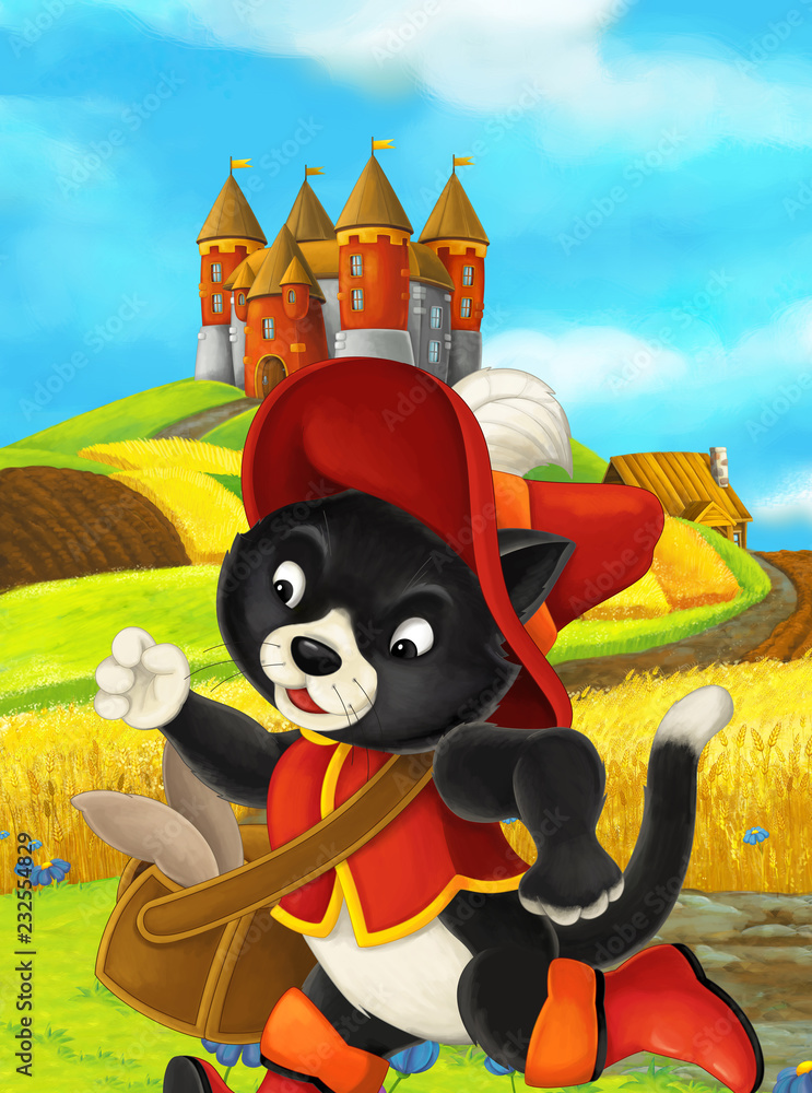 Cartoon scene of a cat traveling to a beautiful castle - illustration ...