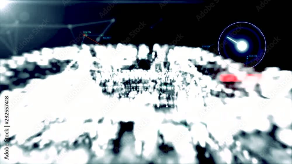 numbers and words scroll through the screen, digital technology data ...