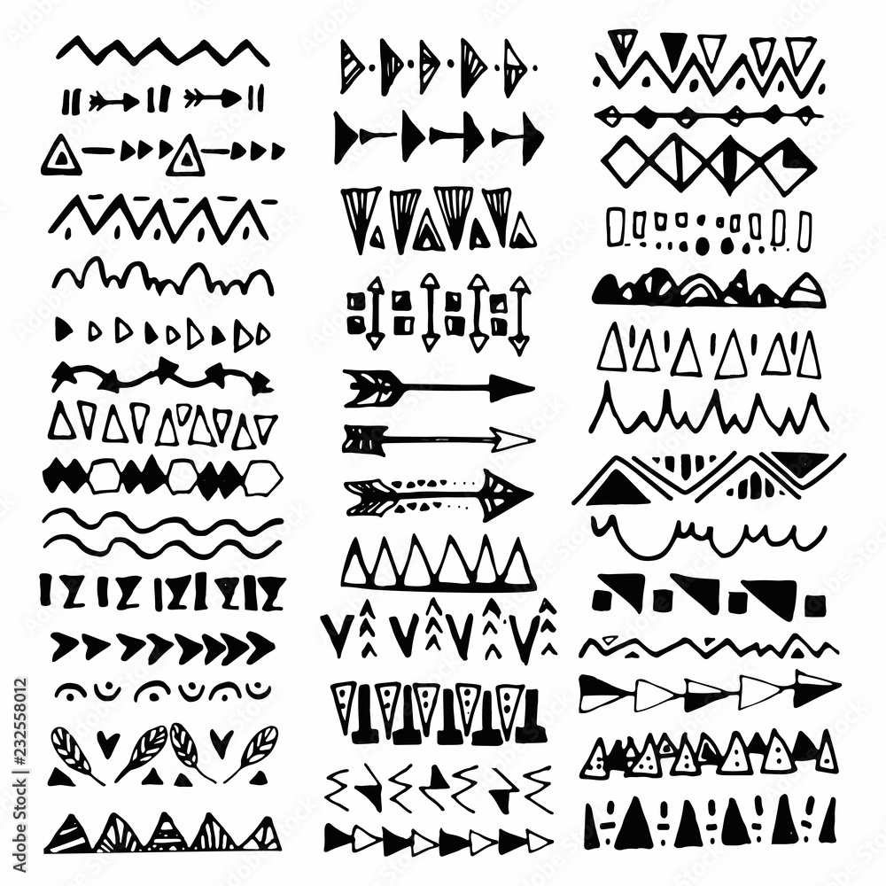 Collection of handdrawn borders in ethnic style. Aztec art dividers.Ink ...