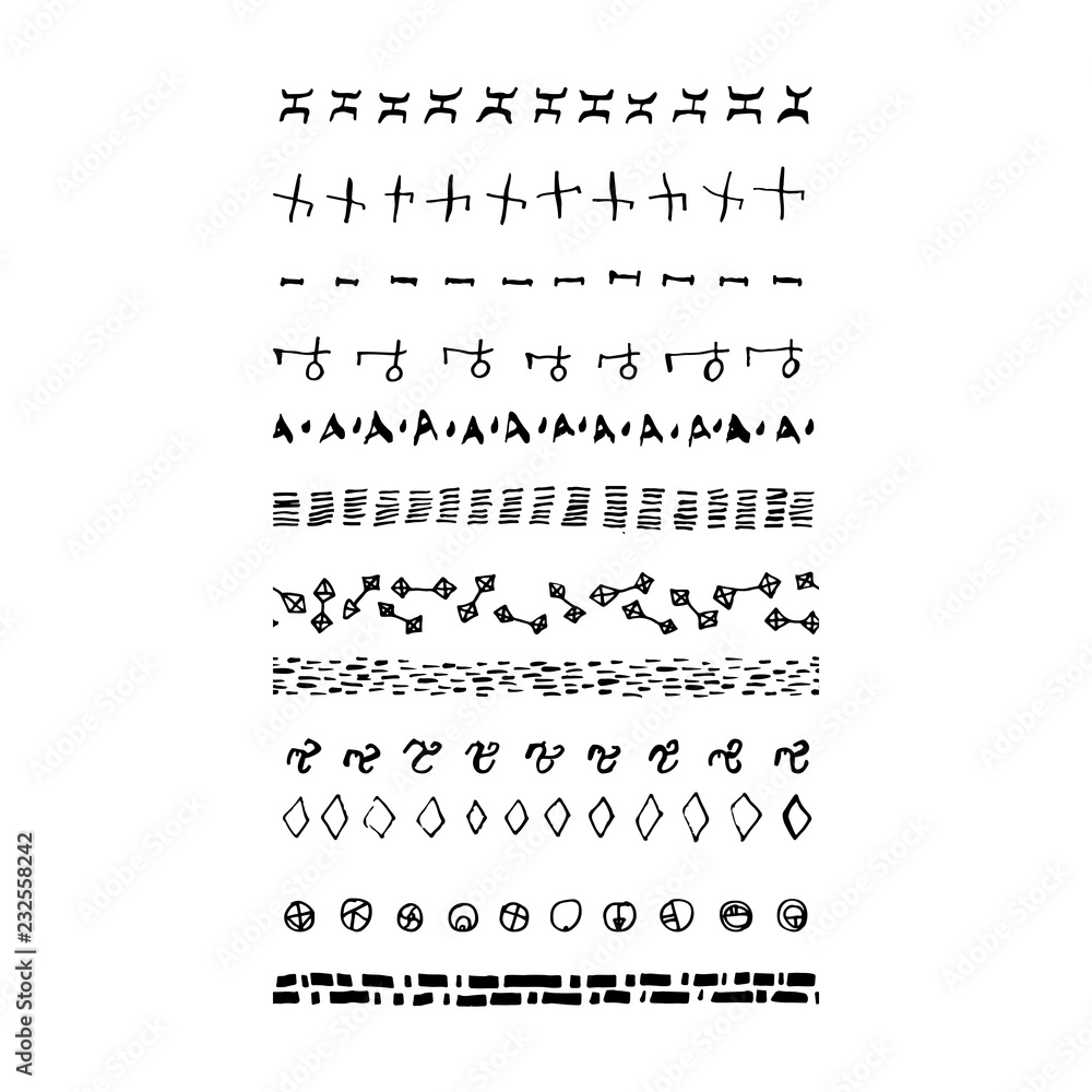 Set of Hand Drawn Borders in Ethnic Style. Aztec art dividers. Tribal ...