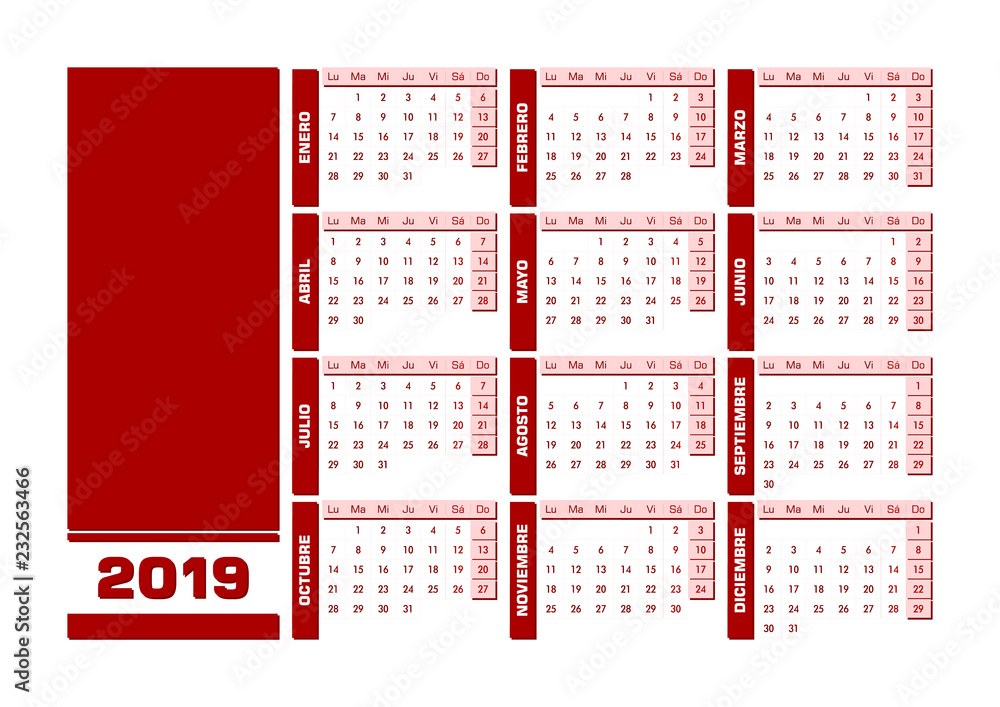 Calendario 2019 en español castellano con espacio para añadir imagen o ...
