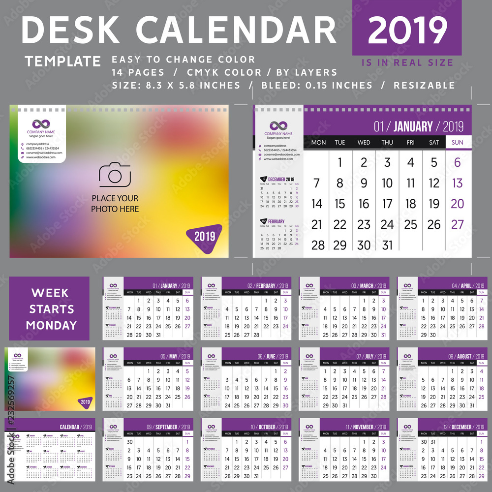 Desk calendar 2019. desktop calendar template. Week starts on Monday ...