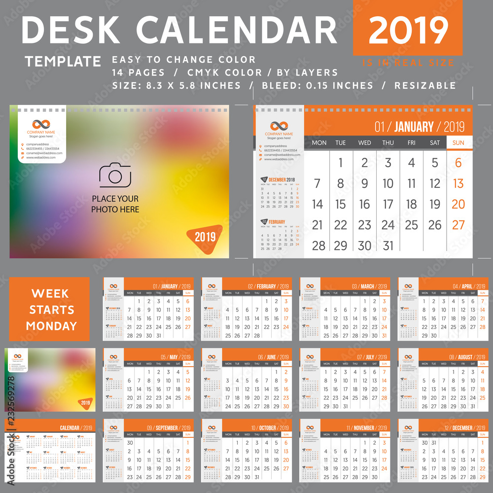 Desk calendar 2019. desktop calendar template. Week starts on Monday ...