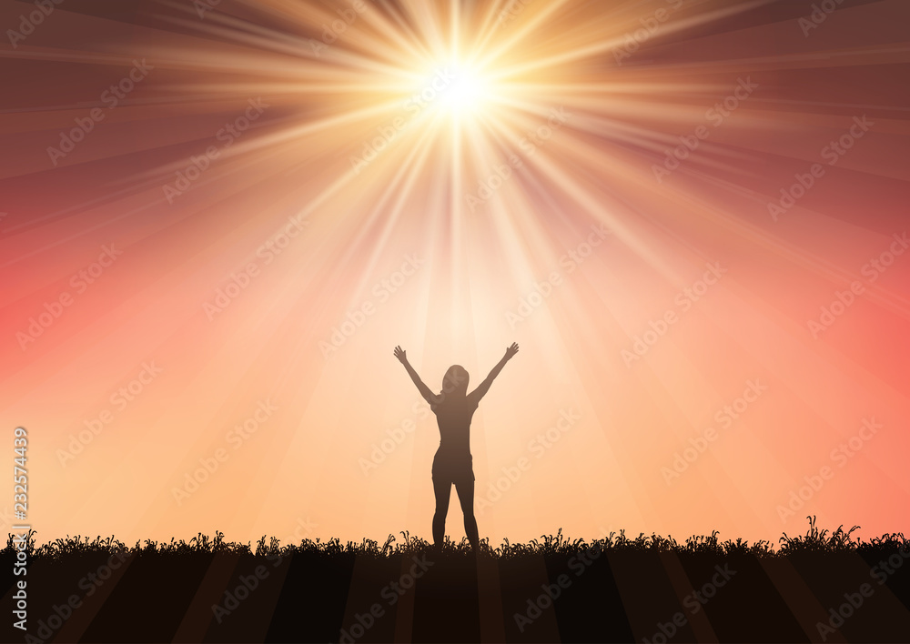 Silhouette of female with arms raised against sunset sky 0409 Stock ...