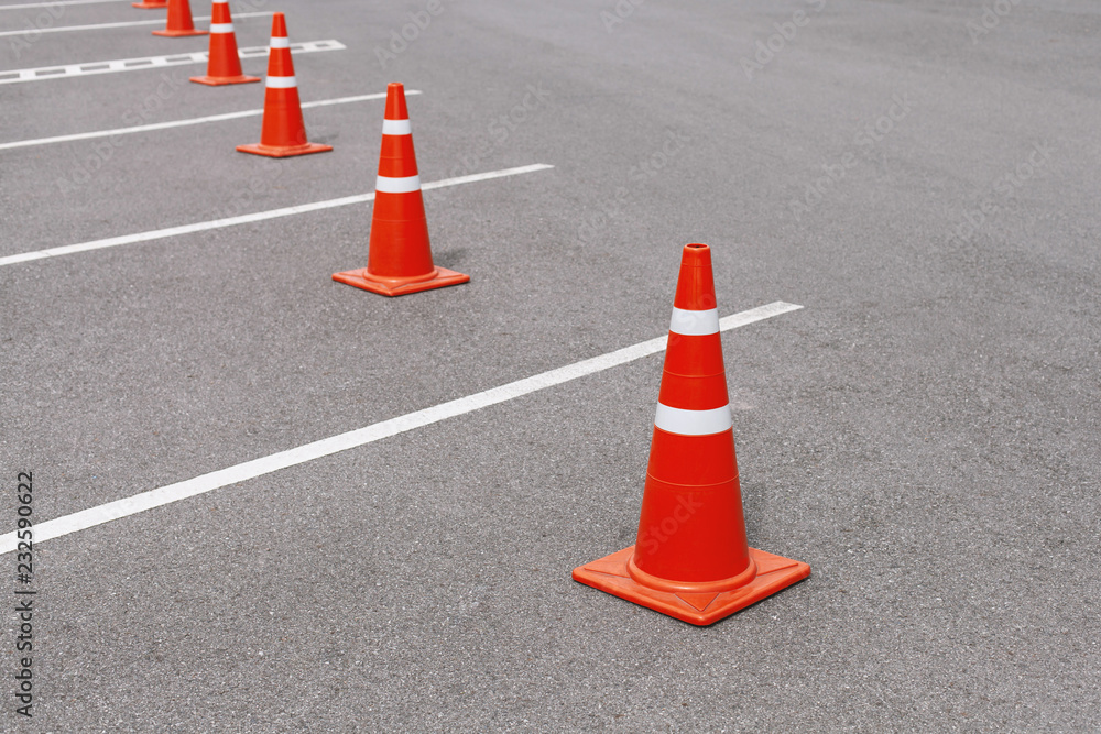 Traffic cones in parking lots Stock Photo | Adobe Stock