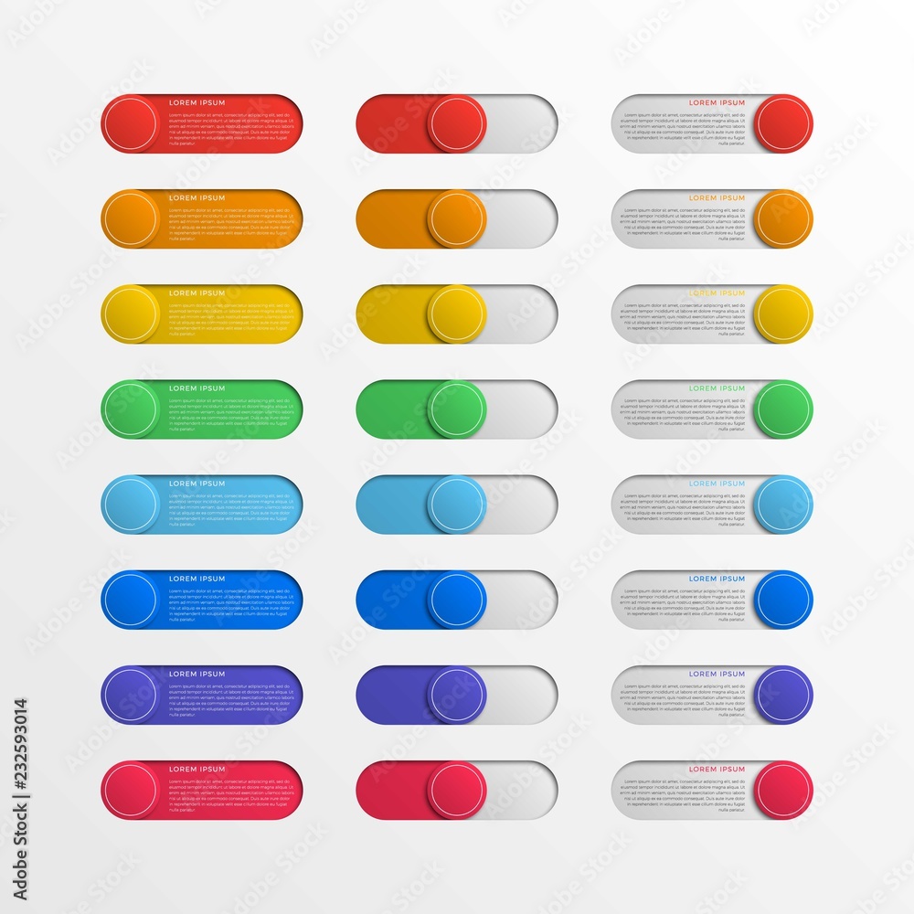 multicolor round switch interface buttons with text boxes. 3d realistic ...