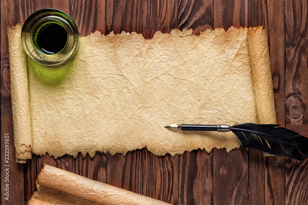 Quill pen, inkwell on open scroll, background for text Stock Photo ...