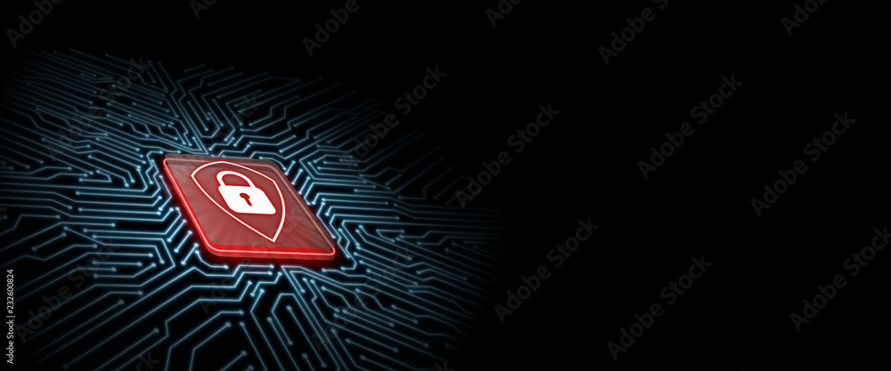Red shield logo on microchip with glow circuit board background. Concept of business security ...