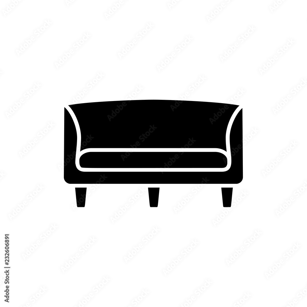 Black & white vector illustration of wooden sofa. Flat icon of settee ...