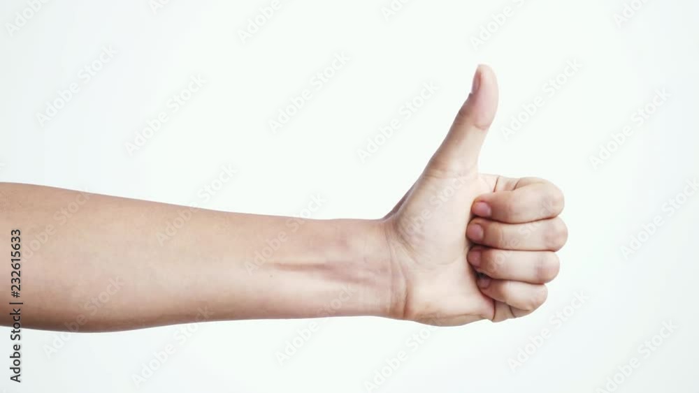Female hand giving thumbs up on a white background. Thumb up hand sign ...