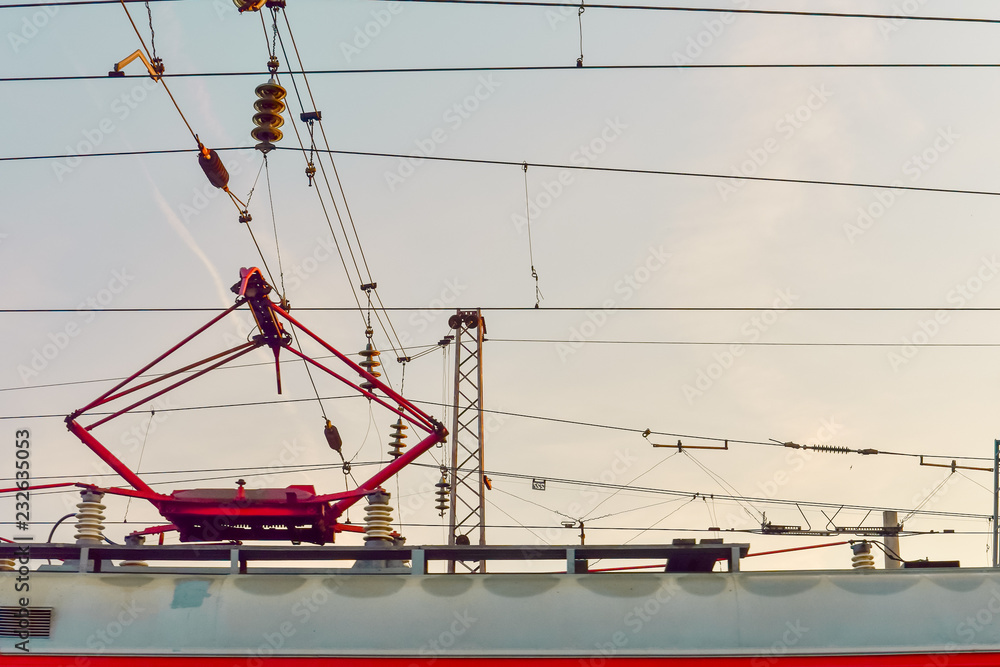 Electric train trolley pole railway electrification system. Stock Photo ...