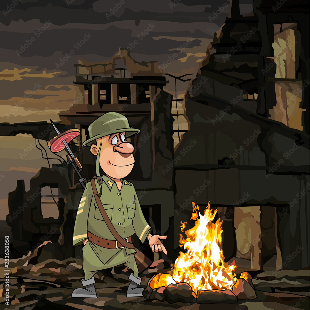 cartoon soldier stands by the bonfire in ruins Stock Vector | Adobe Stock