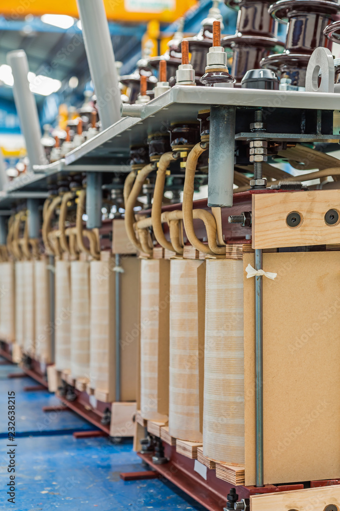 Internal active parts (core and coils) of transformer in production ...