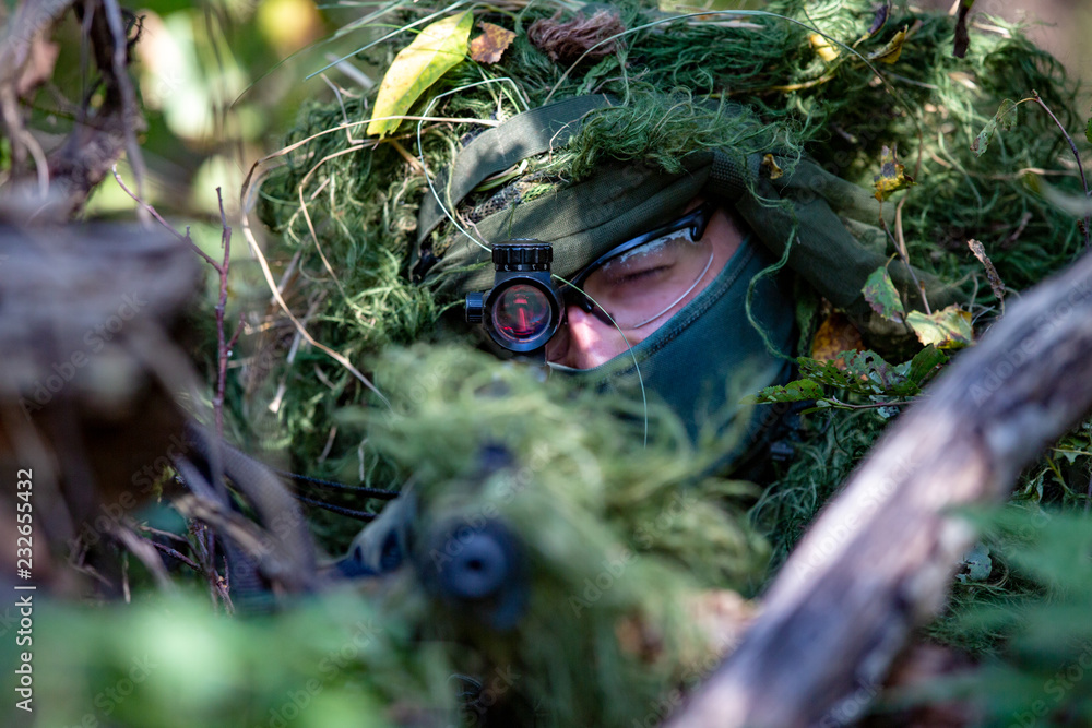 special forces, soldier assault rifle with silencer, optical sight ...