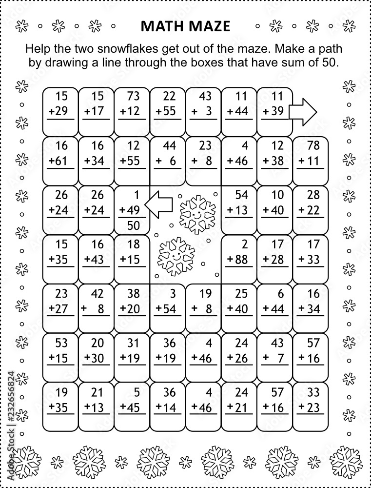 Math maze with addition facts: Help the two snowflakes get out of the ...