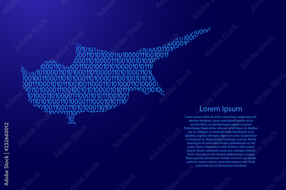 Cyprus map abstract schematic from blue ones and zeros binary digital code with space stars for ...