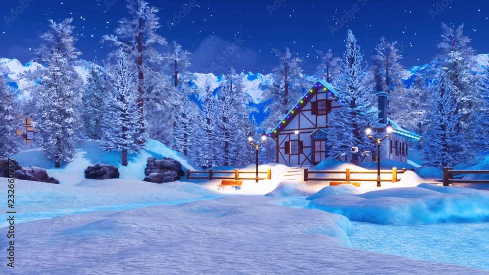 Dreamlike winter scenery with cozy snowbound half-timbered house ...