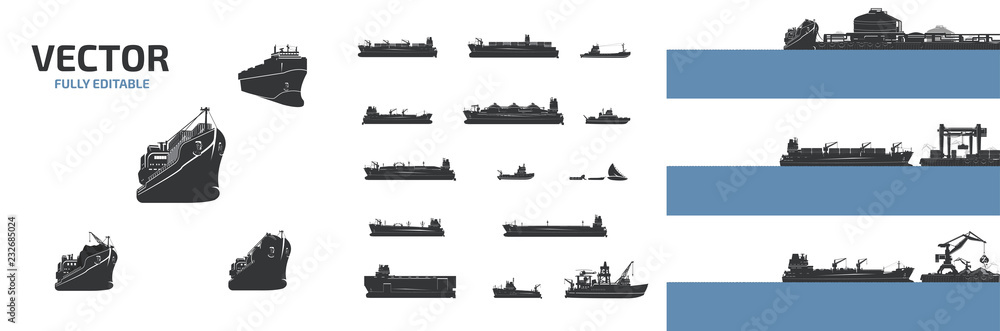 Vector large cargo ships and boats of various types new. Stock Vector ...