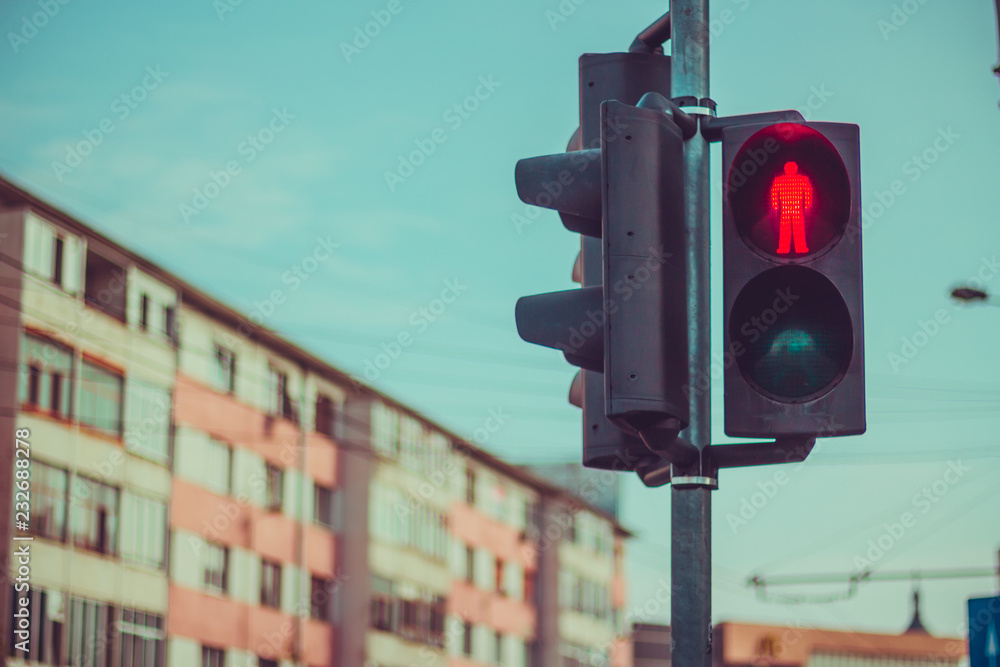Traffic light with sign for pedestrians at crosswalk intersections ...