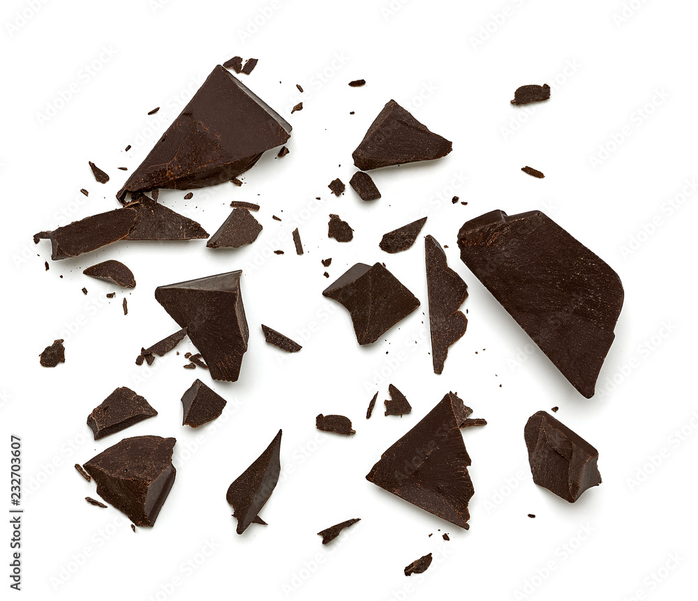 Broken, cracked or crushed dark chocolate parts from top view isolated ...