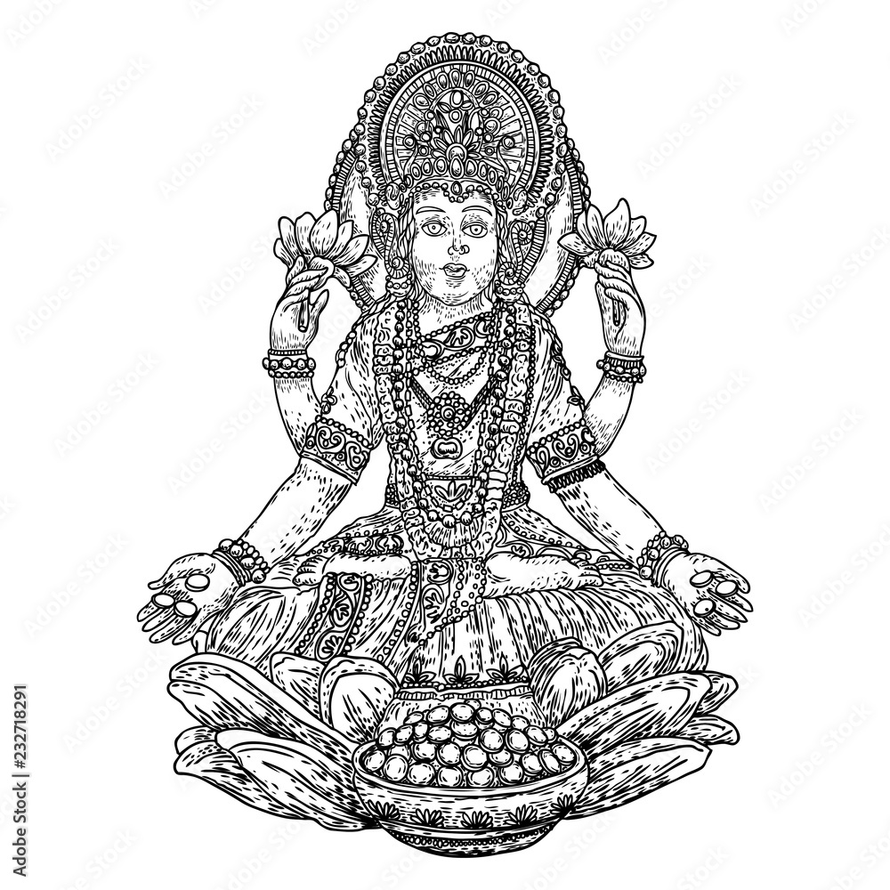 Hand drawn Lakshmi goddess. Is the goddess of blessing, abundance ...