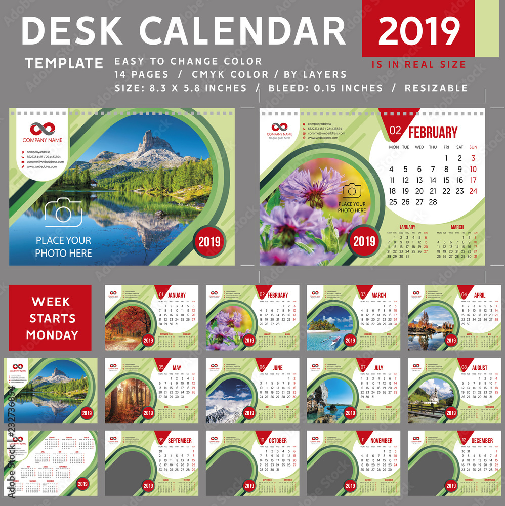 Desk calendar 2019. Desktop calendar template. Week starts on Monday ...