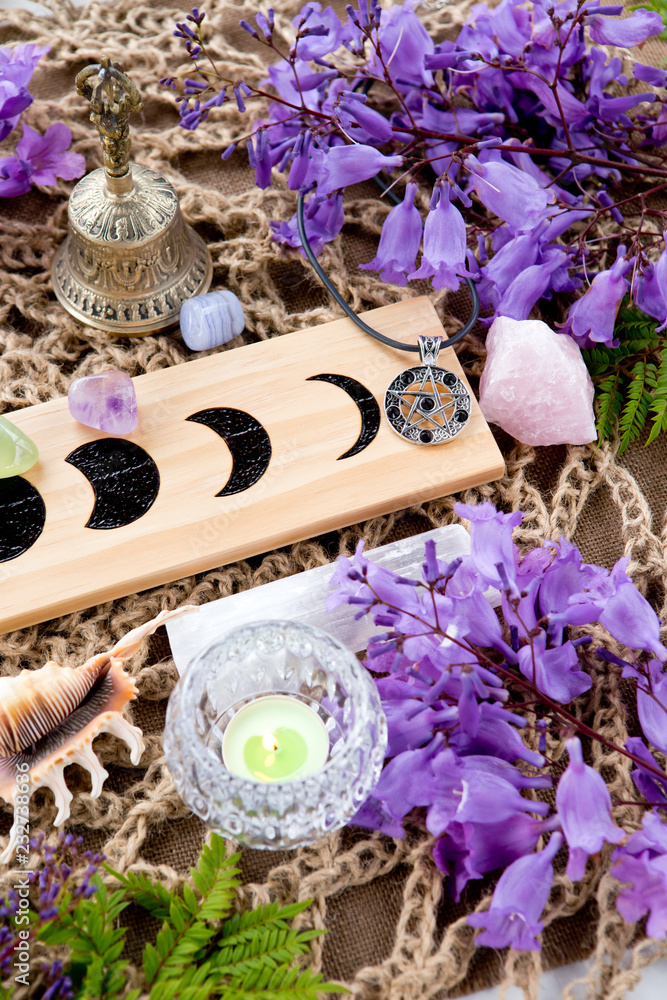 Witch Pagan Altar decorations with Moon Phases, crystals, flowers and ...
