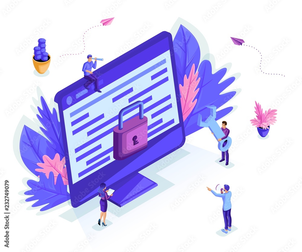 Vecteur Stock Isometric small people work with a monitor, concept of protecting computer data ...