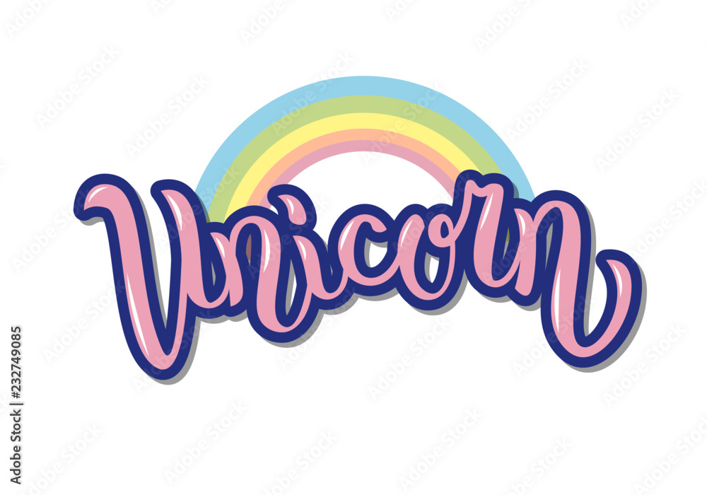 Unicorn word with rainbow for clothes. Vector. Hand lettering ...