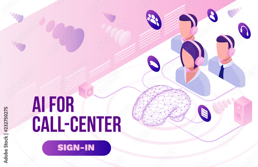 Artificial intelligence manages call center, isometric 3d vector ...