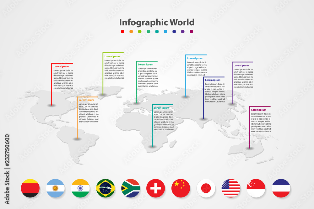 infographic country world map, international world flags, continents ...