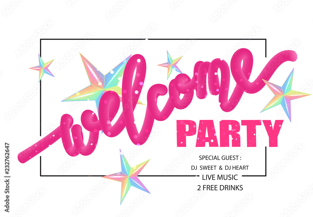 Welcome party banner with gift boxes, air balloons and wolume lettering ...