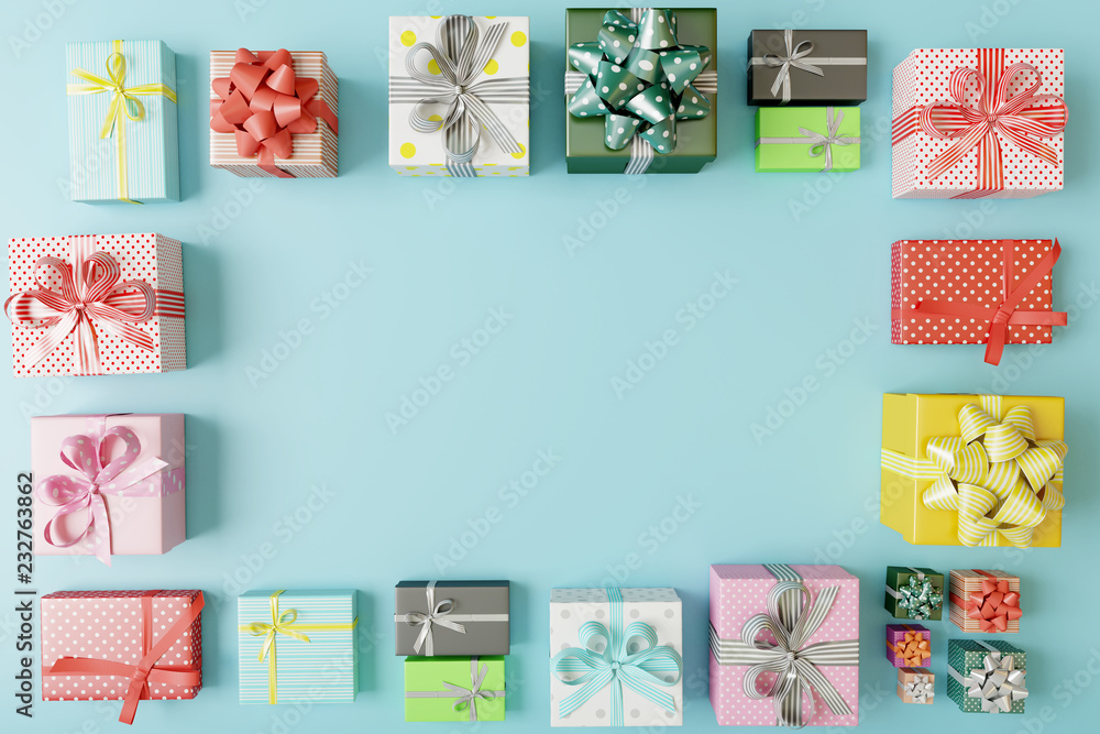 Colorful gift box frame on pastel blue background. 3d rendering Stock ...