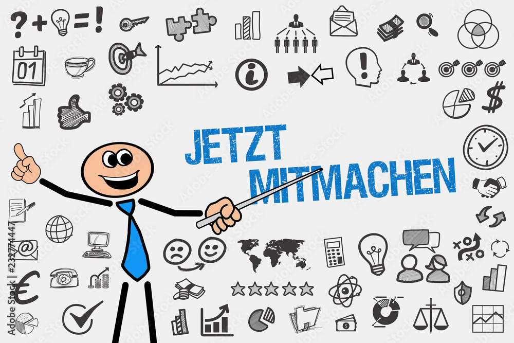 Jetzt mitmachen / Mann mit Symbole Stock-Foto | Adobe Stock
