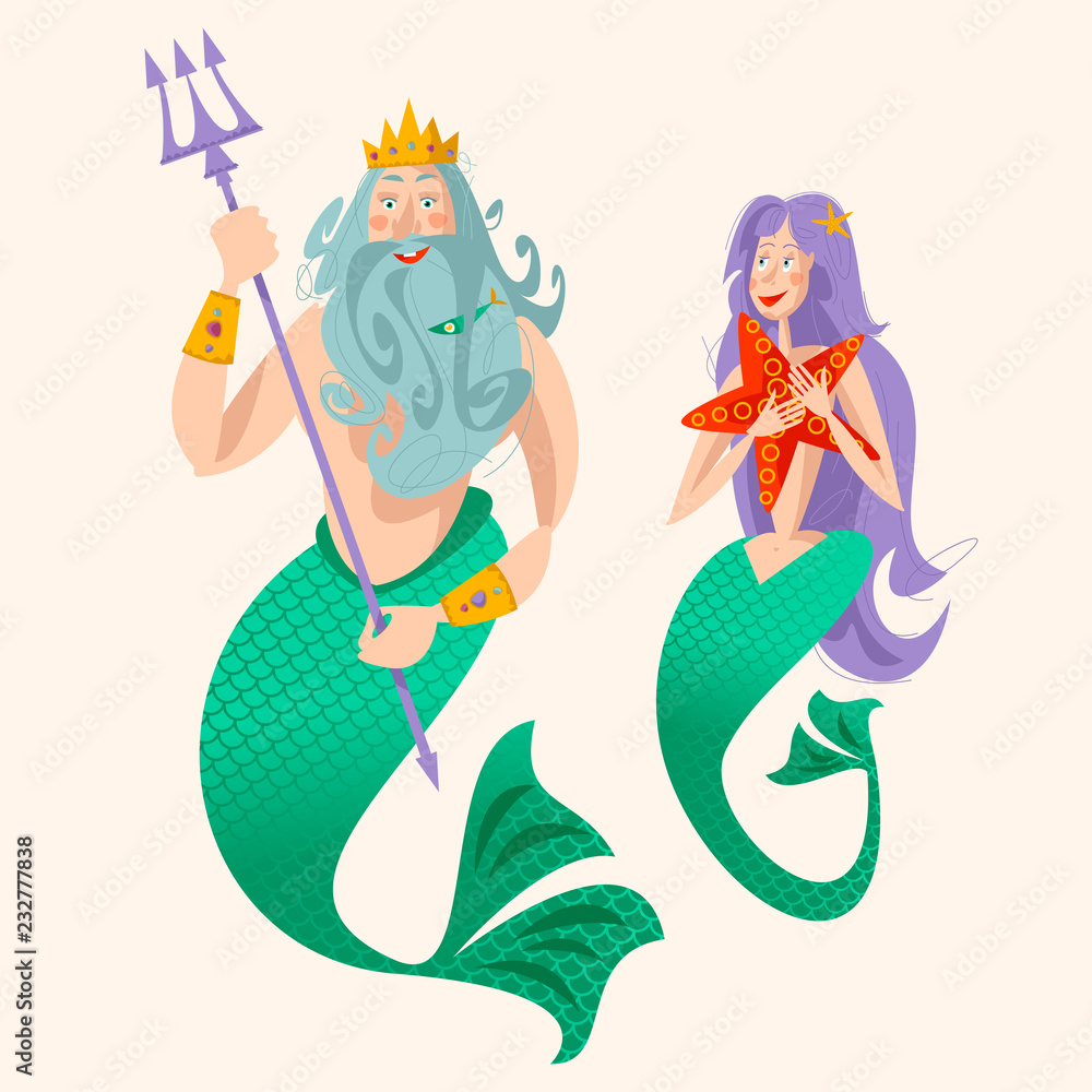 God of freshwater, sea and ocean Neptune (Poseidon) and a mermaid ...