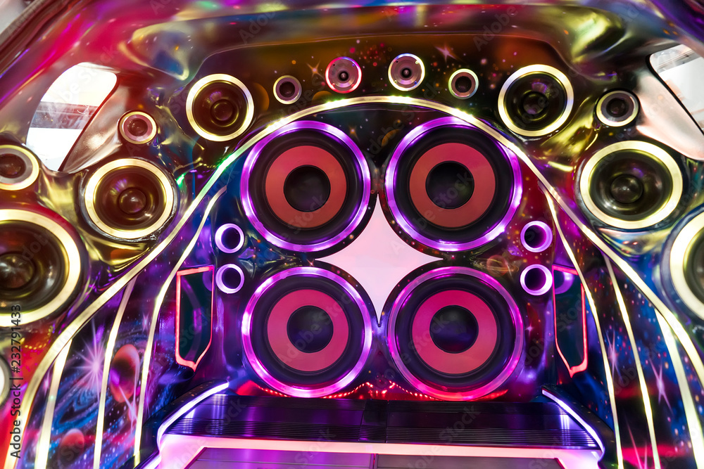 colorful lights of stereo and speakers in car in the night Stock Photo ...