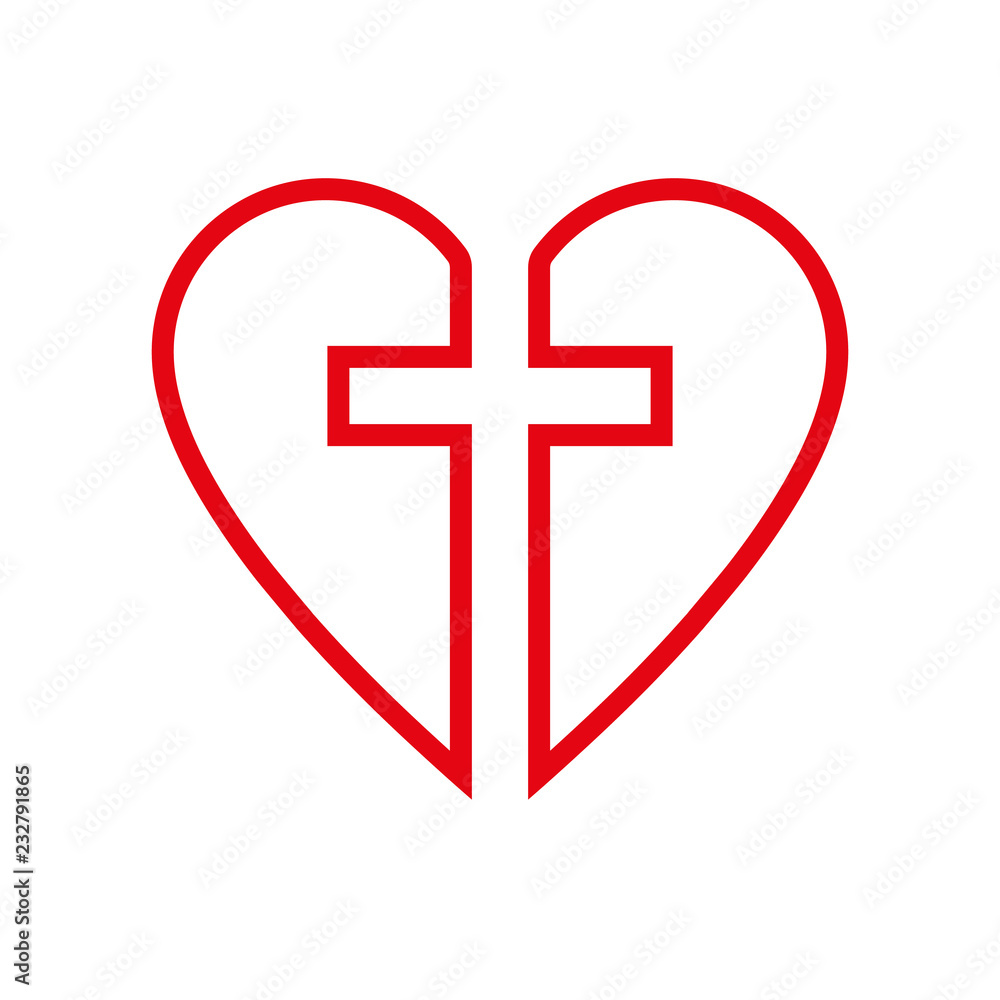 Christian Cross Icon In The Heart Inside Red Christian Cross Sign