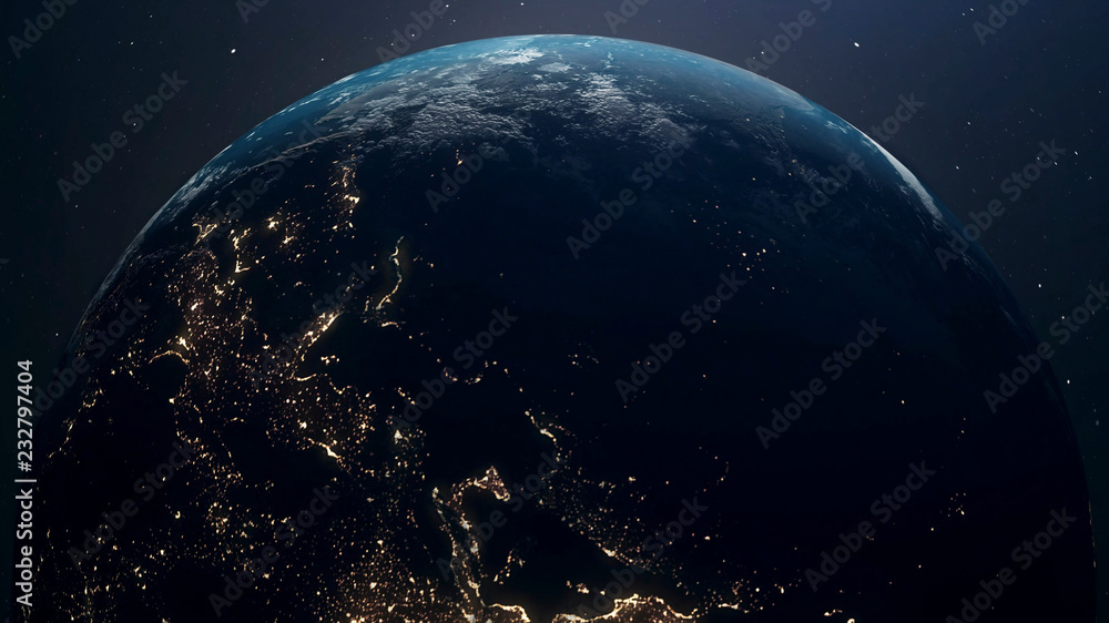 Dark side of Planet Earth and sun. Realistic World shading atmosphere ...