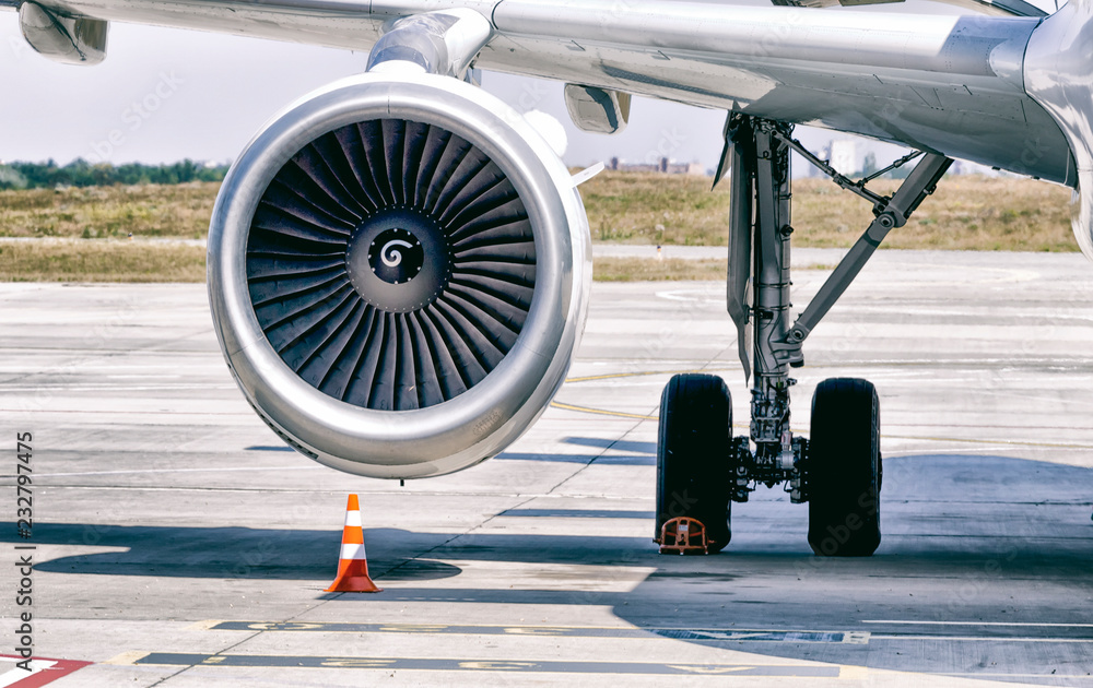 Engine of modern passenger jet airplane. Rotating fan and turbine ...