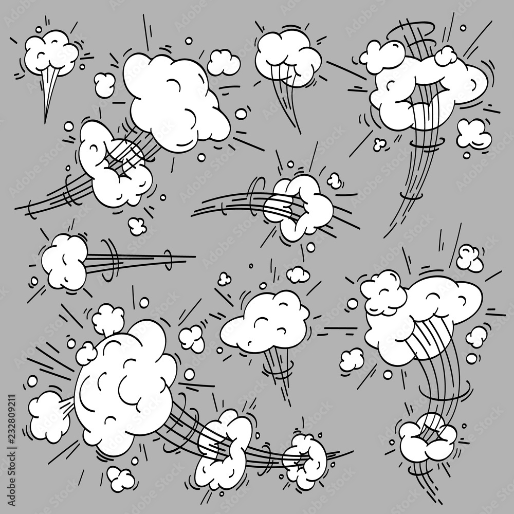 Speed cloud comic. Cartoon fast motion clouds, smoke effects and ...