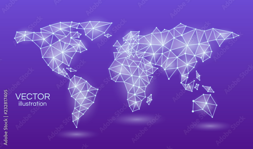 Abstract world network connect map in a triangular shape violet neon ...