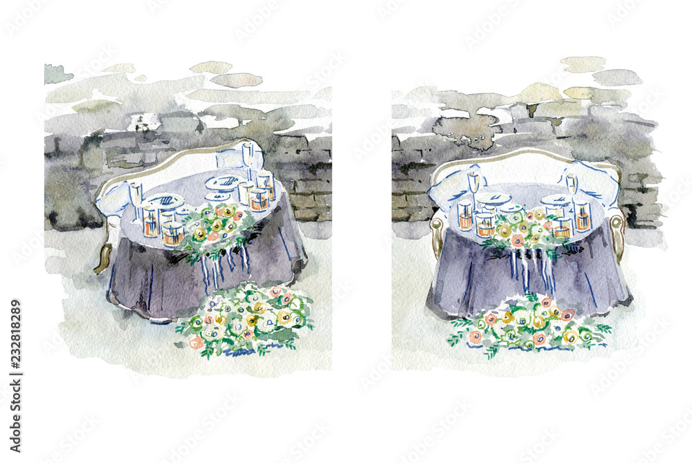 Watercolor hand-paint. Table for two in a romantic style background of ...