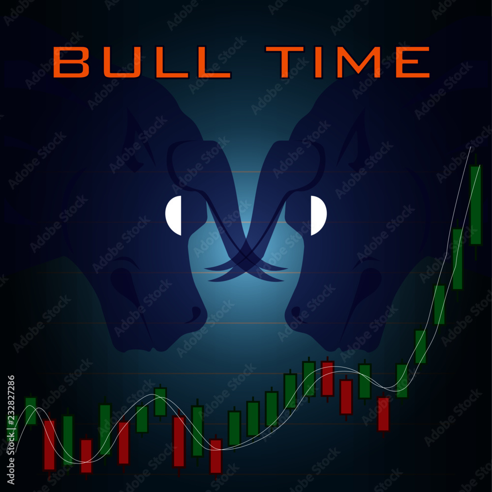 bull side view with candle stick chart on lighting blue background ...