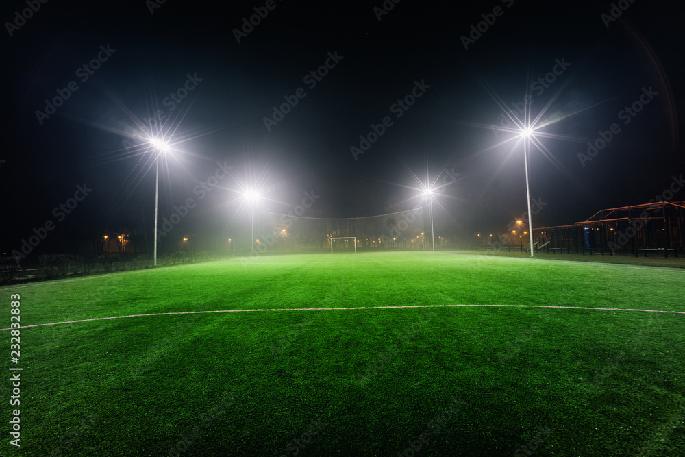 Illuminated football playground with green grass, modern football goal ...