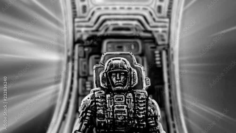 Astronaut sitting in cabin of spaceship looking at camera. Science ...