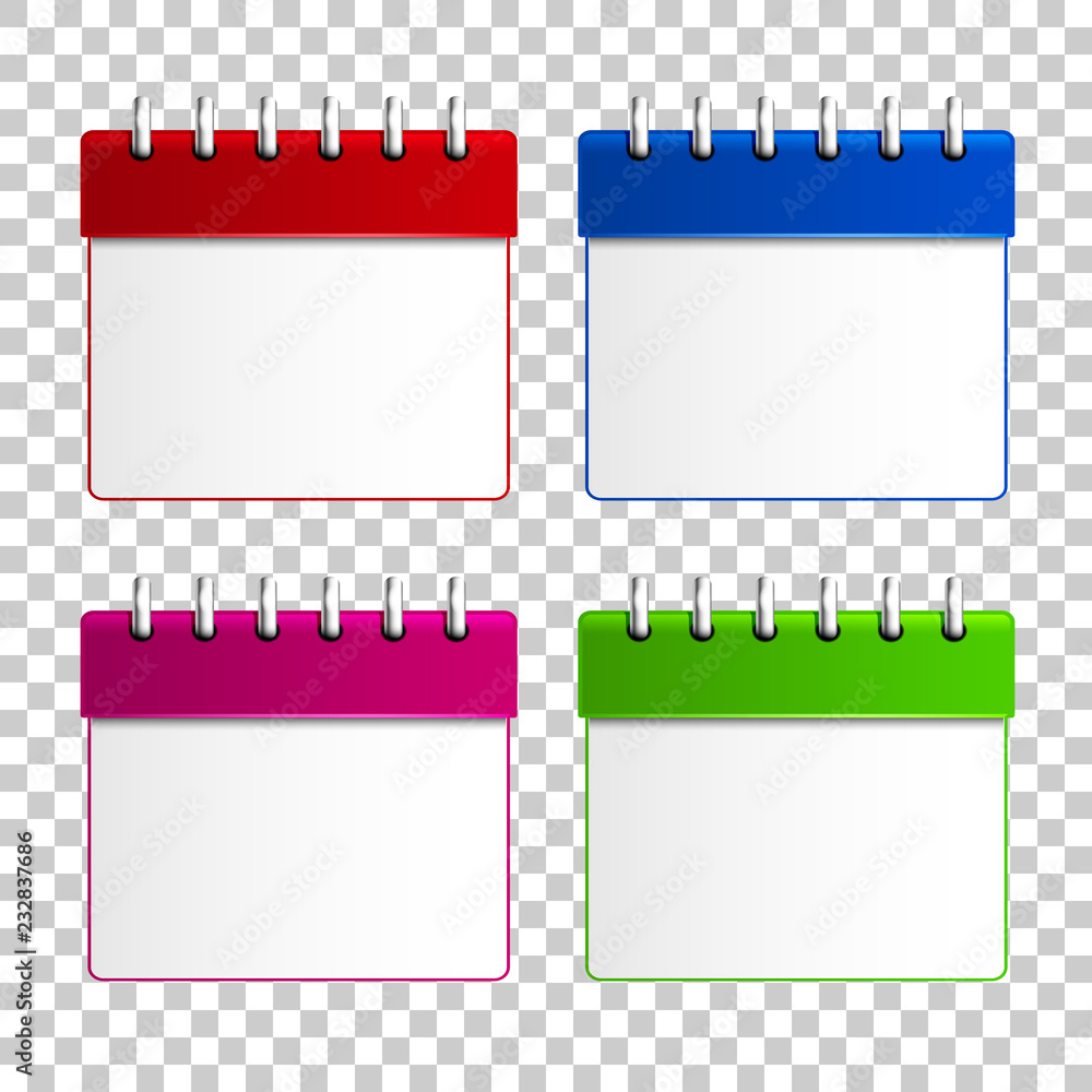 Realistic Calendar blue, red, green and pink colors isolated object on ...